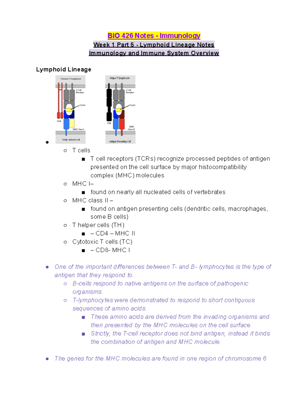 BIO 426 Week 1 Lecture Notes Part 5 - Lymphoid Lineage Notes - BIO 426 ...