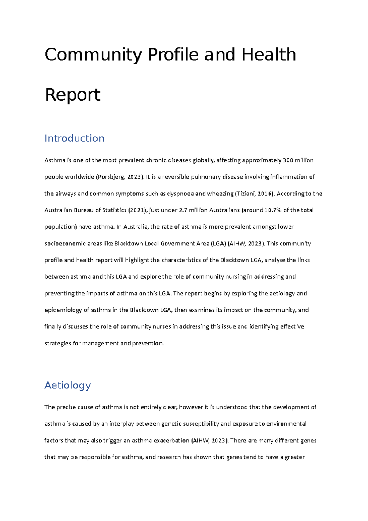 NURS3008 assessment 4 - Community Profile and Health Report ...