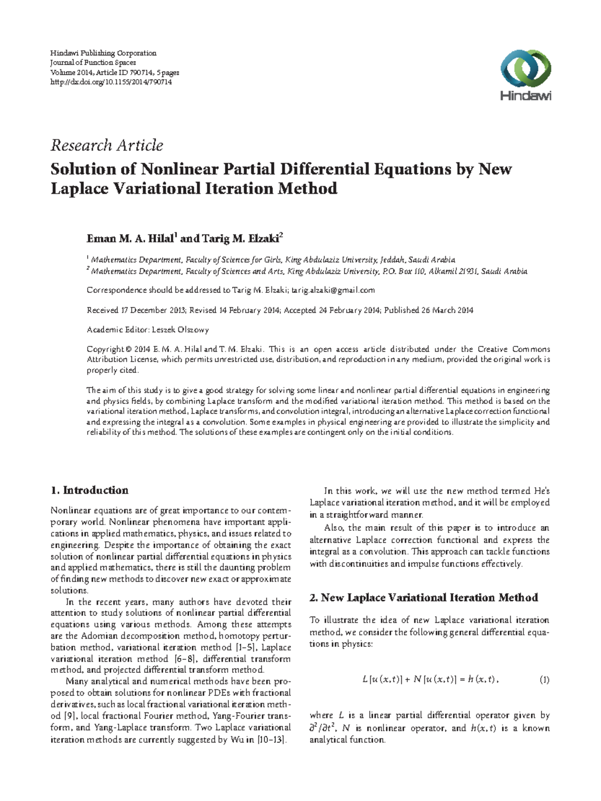790714 - Research Article Solution of Nonlinear Partial Differential ...