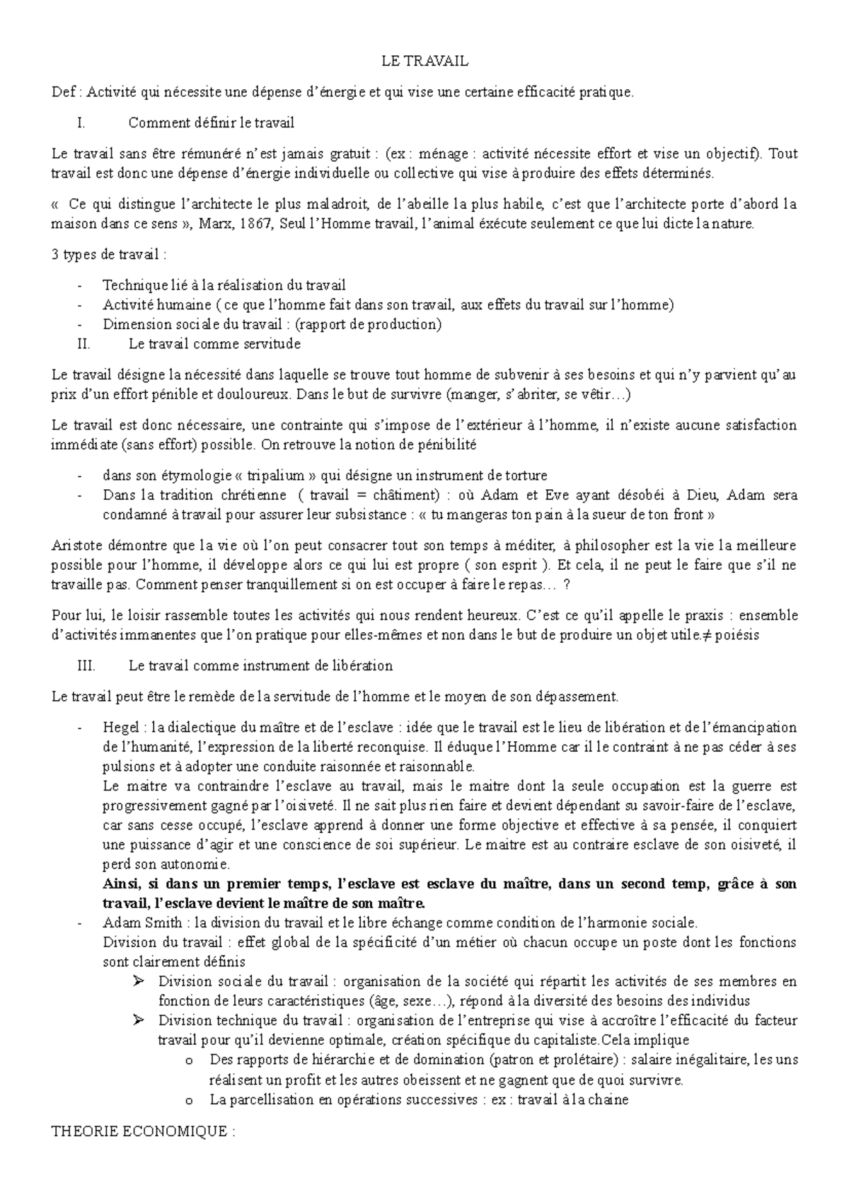 LE Travail - cours - LE TRAVAIL Def : Activité qui nécessite une ...