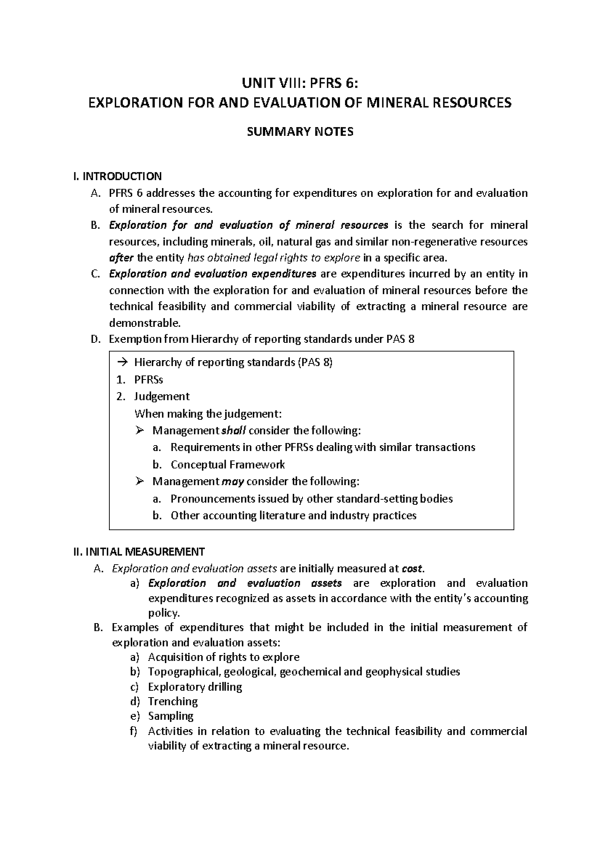 PFRS 6 Miral UNIT 8 Summary Notes - UNIT VIII: PFRS 6: EXPLORATION FOR ...