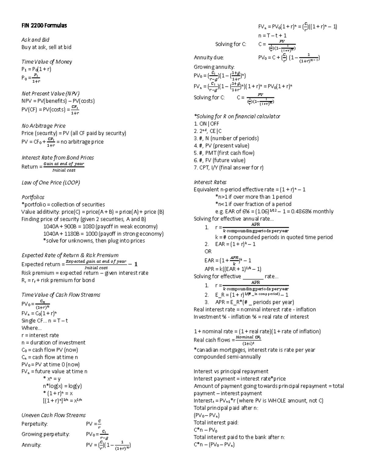 FIN 2200 Formulas - formula sheet - FIN 2200 Formulas Ask and Bid Buy ...