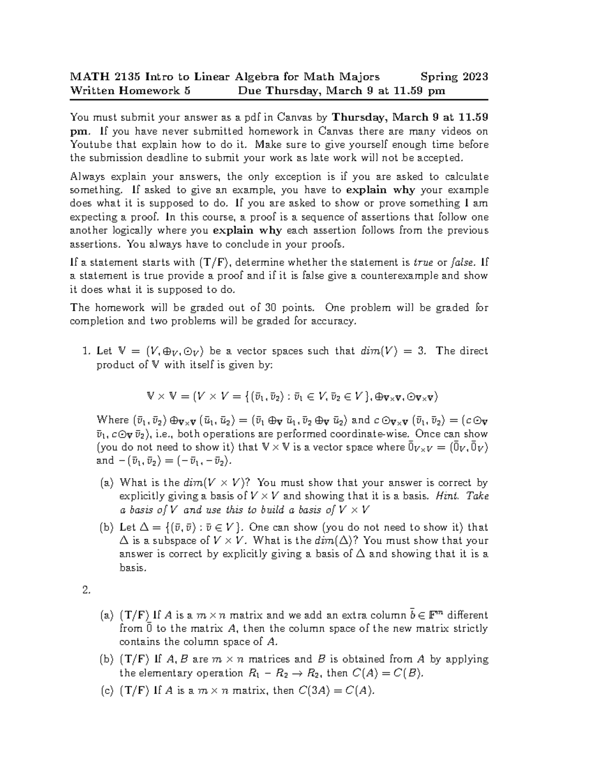 Written Homework 5 - MATH 2135 Intro to Linear Algebra for Math Majors ...