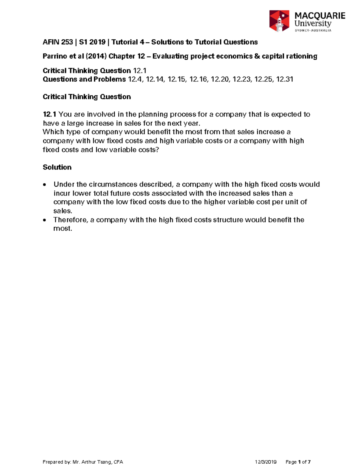 W4 Tutorial Solutions - AFIN 253 | S1 2019 | Tutorial 4 – Solutions to Tutorial Questions ...
