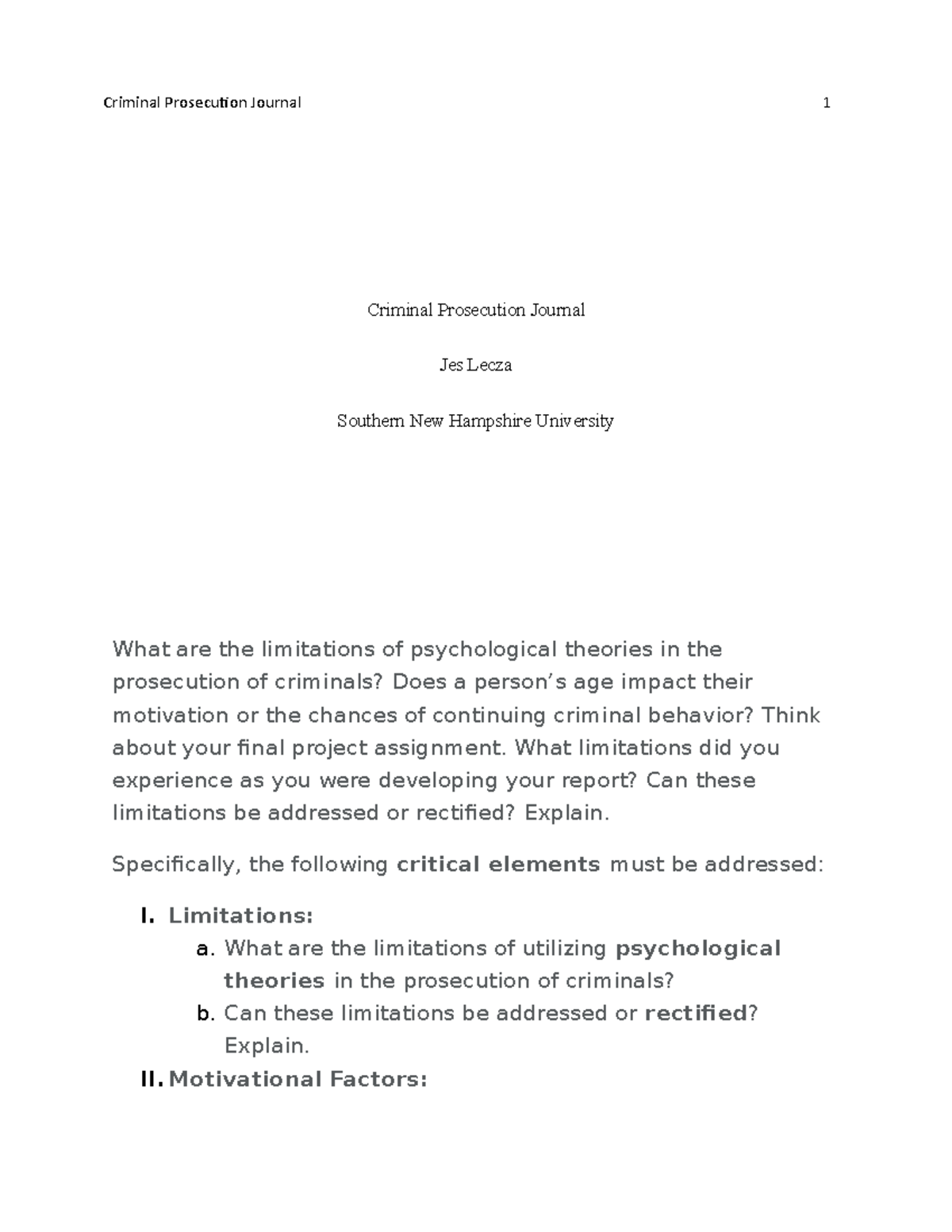 PSY310 6 Journal - Criminal Prosecution Journal 1 Criminal Prosecution ...