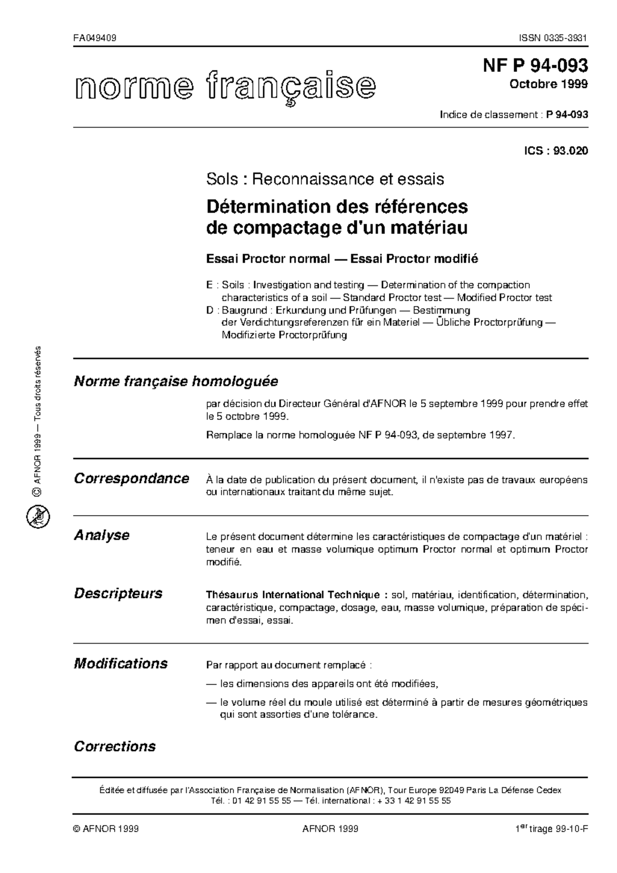 P94-093 Proctor - © AFNOR 1999 AFNOR 1999 1 er tirage 99-10-F Éditée et ...