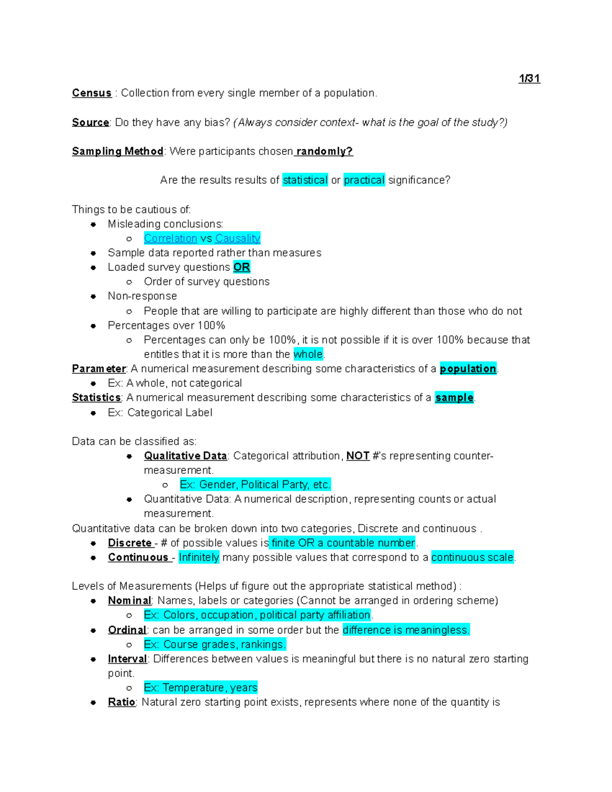 1 31 Class Notes - MTH113 - 1/ Census : Collection from every single ...