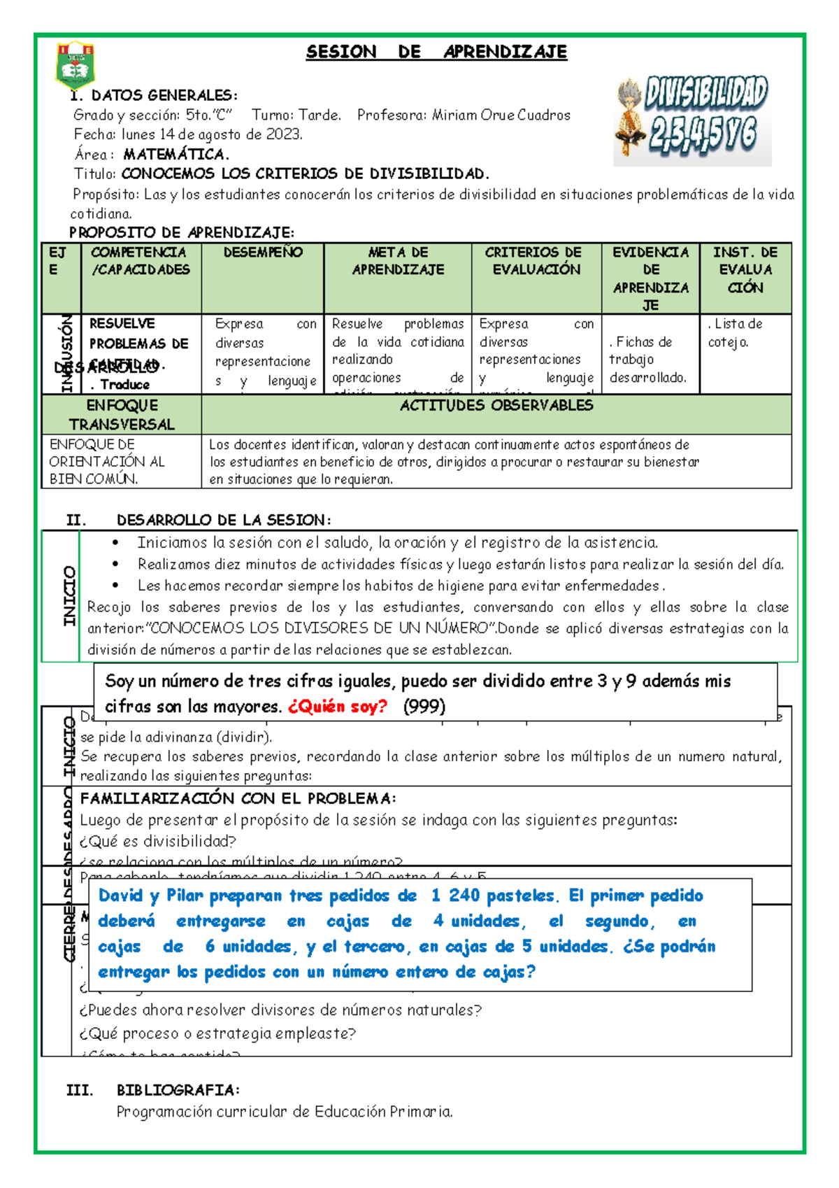 Sesion Lunes 14 MATE Critrios DE Divisibilidad - SESION DE APRENDIZAJE I. DATOS GENERALES: Grado ...