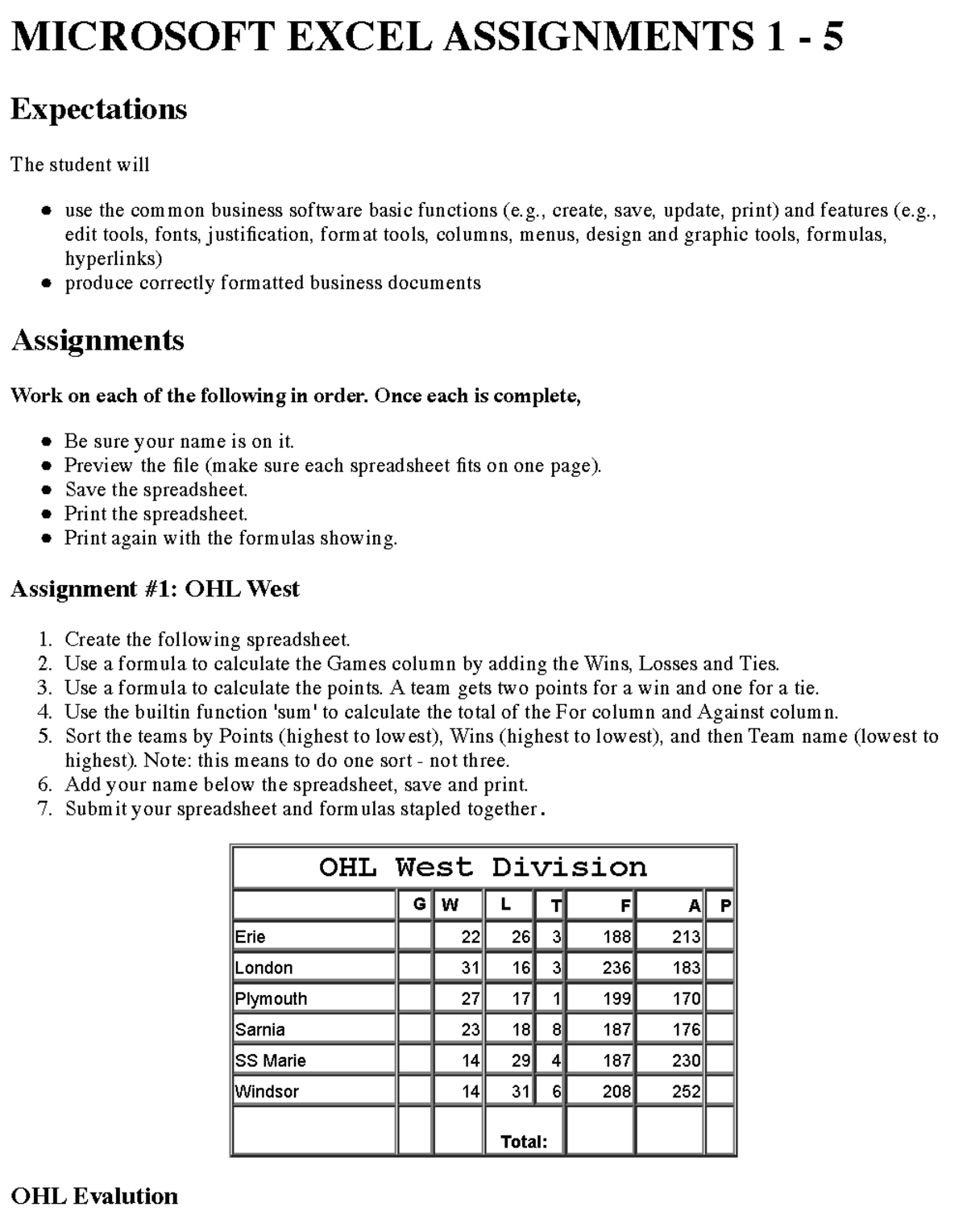 Excel assignments 1 4 - MICROSOFT EXCEL ASSIGNMENTS 1 - 5 Expectations ...