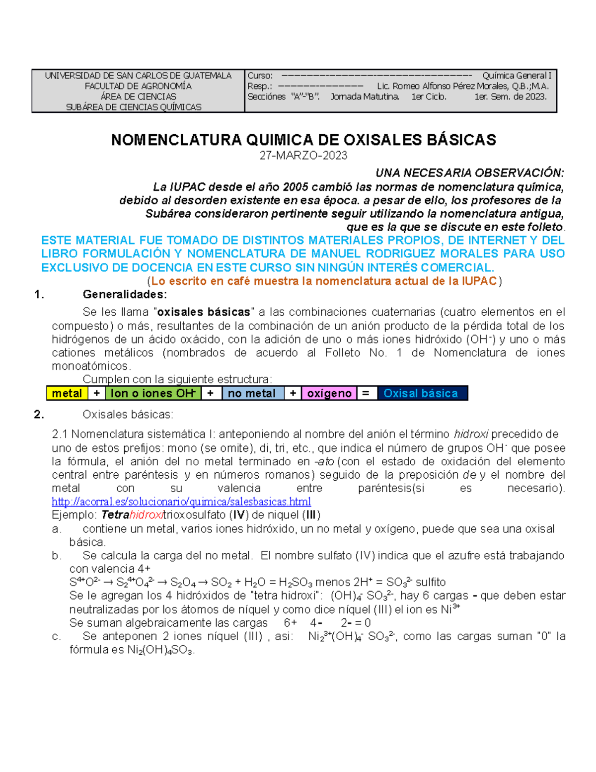 Nomenclatura DE Oxisales Basicas - UNIVERSIDAD DE SAN CARLOS DE ...