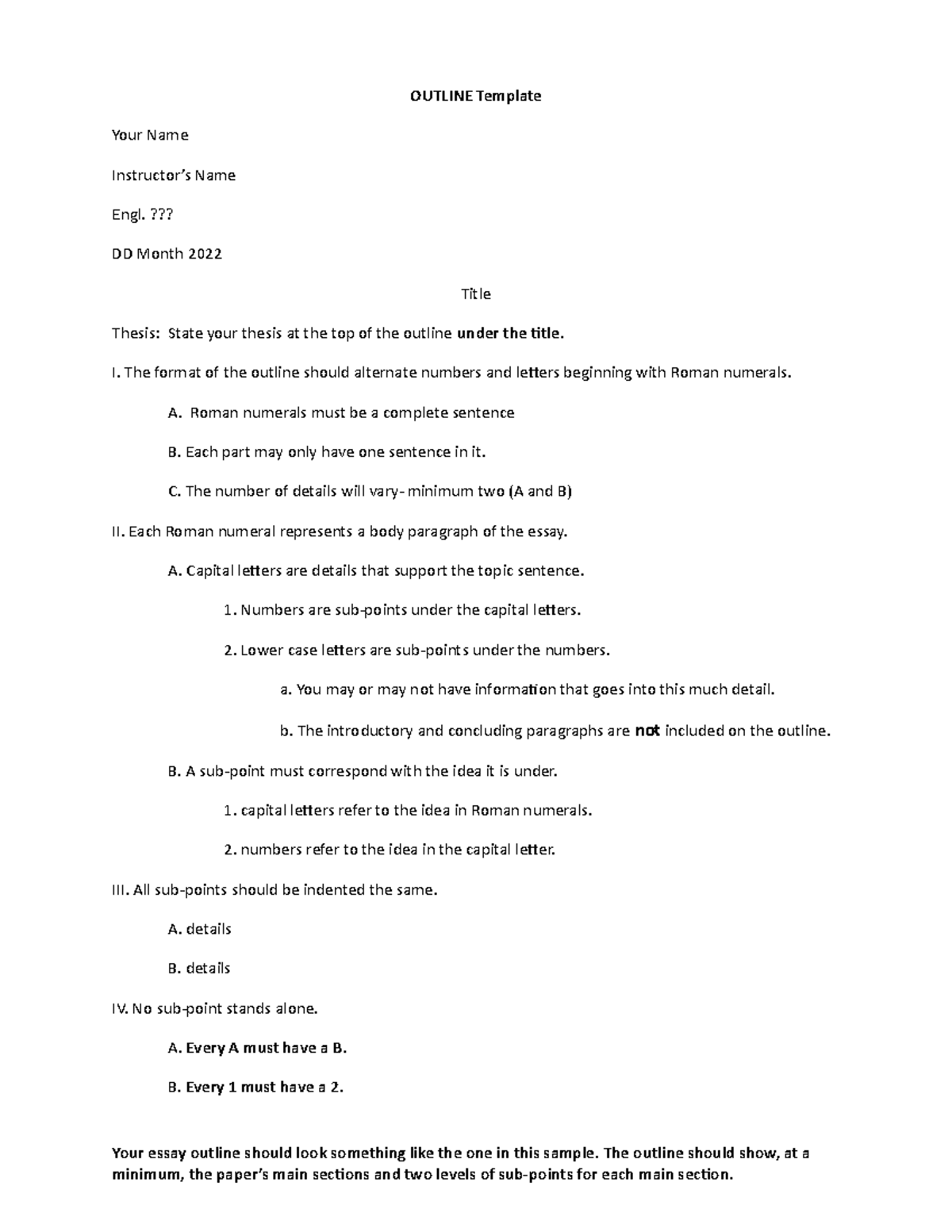 Guide To Formal Outlining - OUTLINE Template Your Name Instructor’s ...