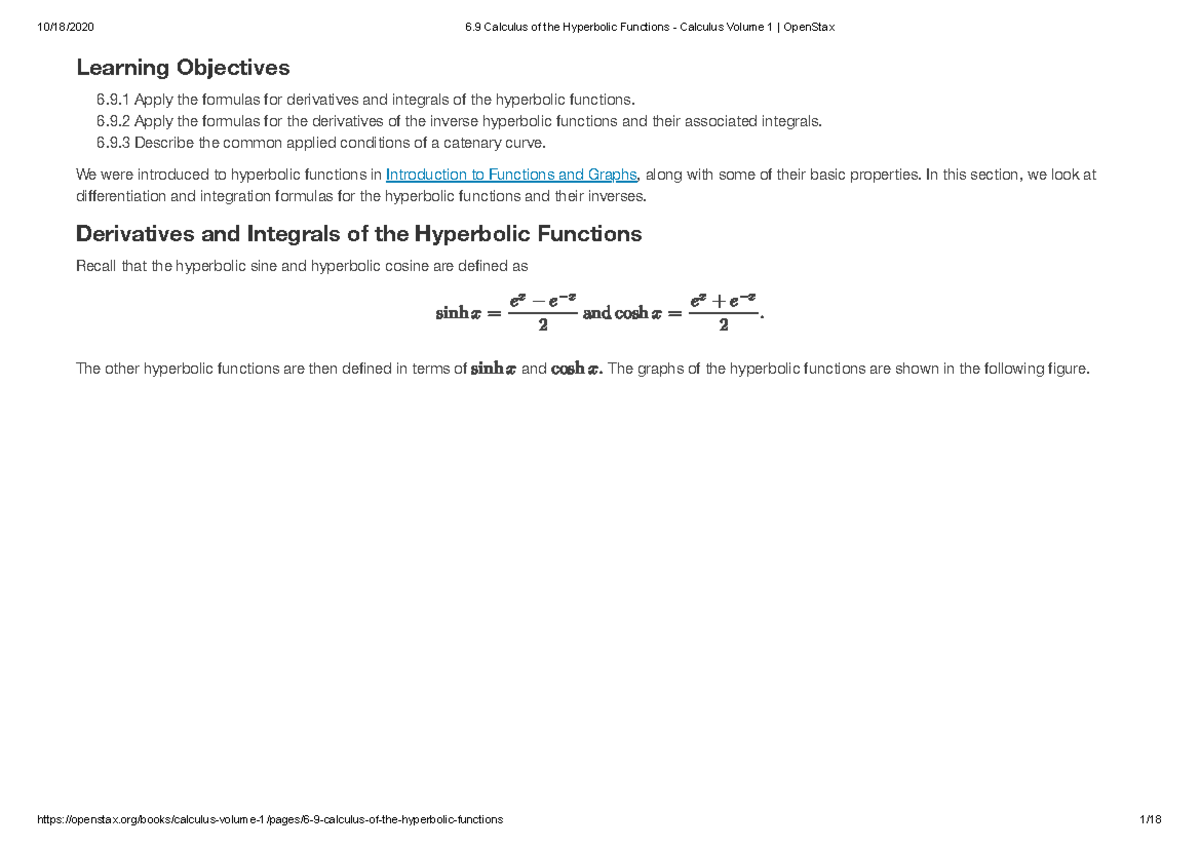 6.9 Calculus of the Hyperbolic Functions - Calculus Volume 1 Open Stax ...