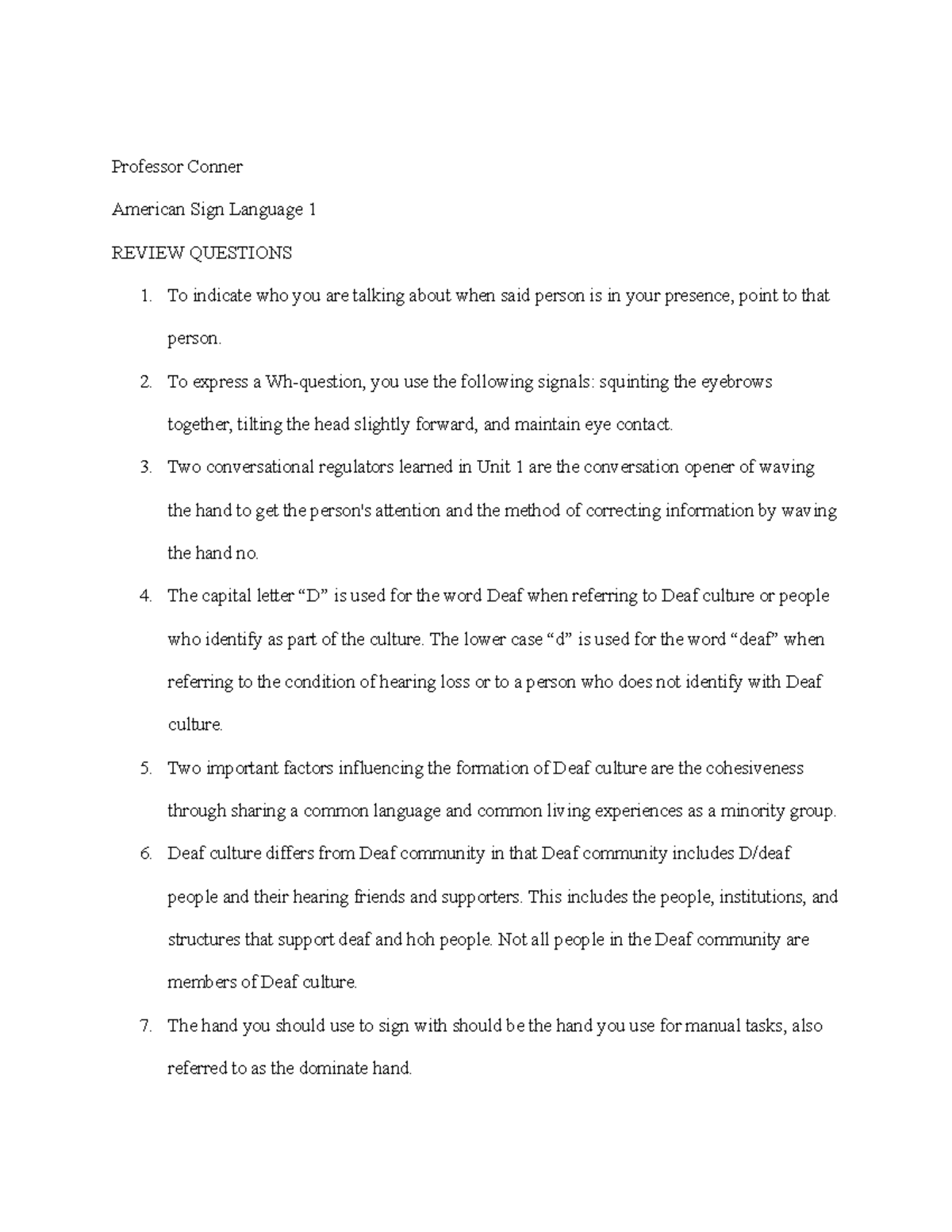 ASL Review Questions - Professor Conner American Sign Language 1 REVIEW ...