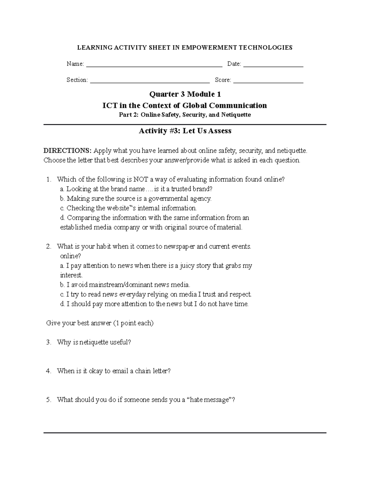LAS Q3 Emp Tech Activity 3-4 - LEARNING ACTIVITY SHEET IN EMPOWERMENT ...