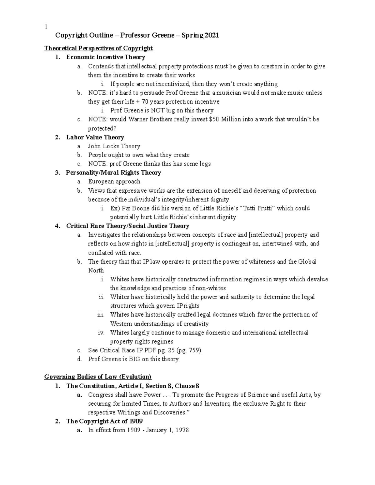 Copyright - Spring 2021 - Final Outline - Copyright Outline – Professor ...