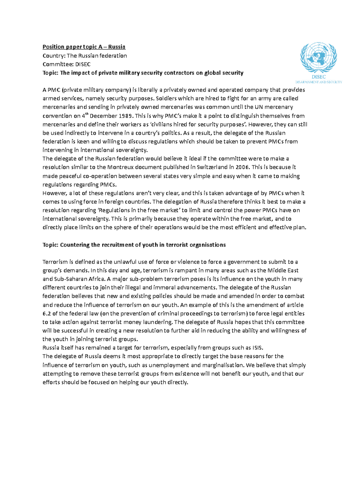 Position paper - Soldiers which are hired to fight for an army are ...