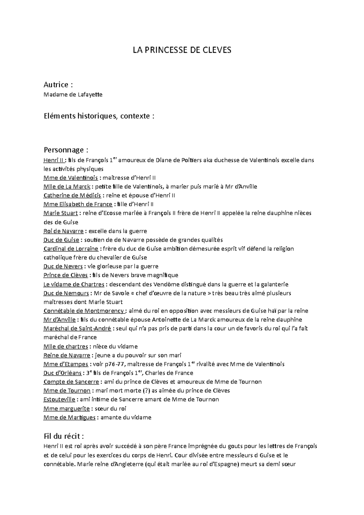 Fiche de lecture Princesse de Clèves - LA PRINCESSE DE CLEVES Autrice ...
