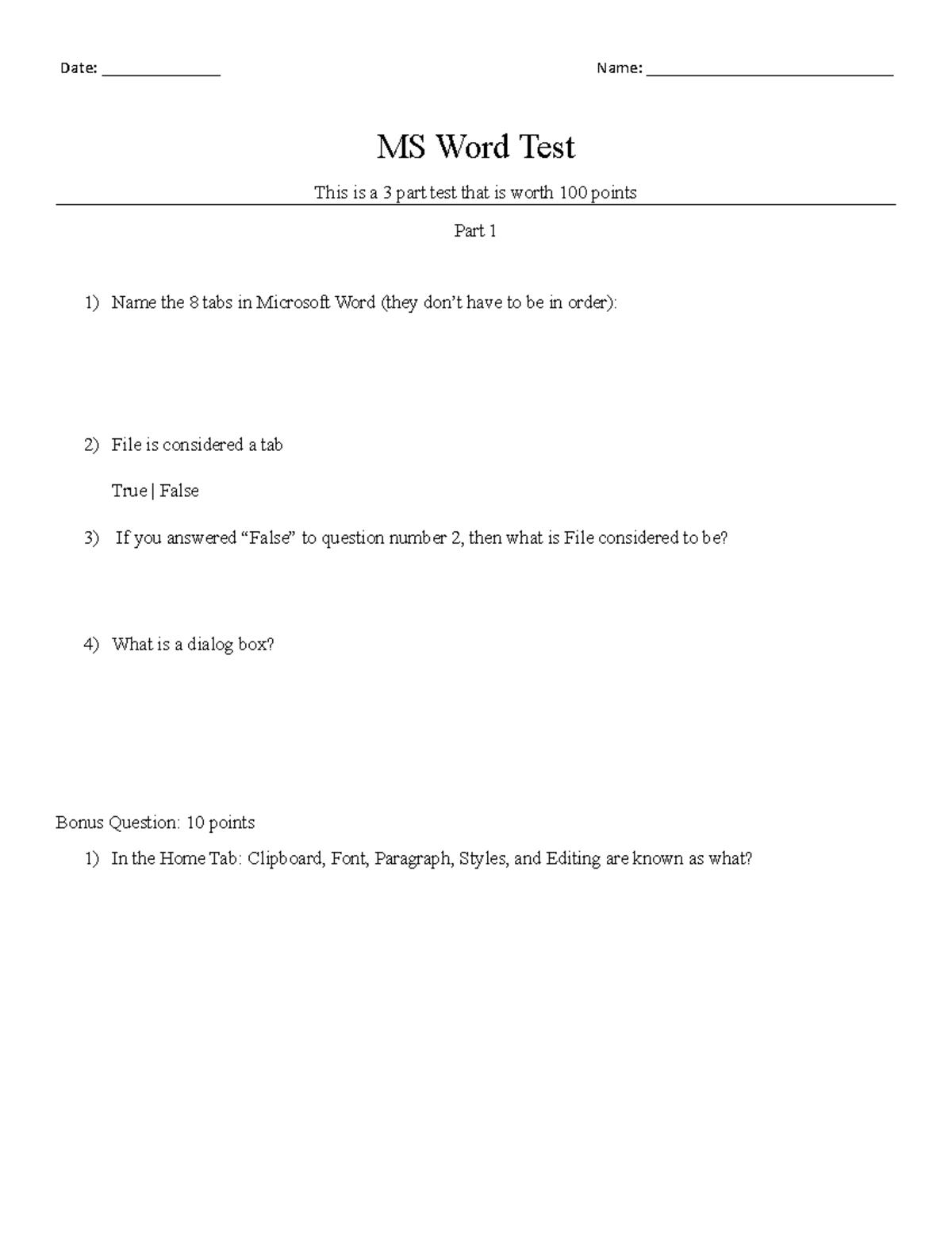 MS Word Test - MS Word Test - Date: ______________ Name ...