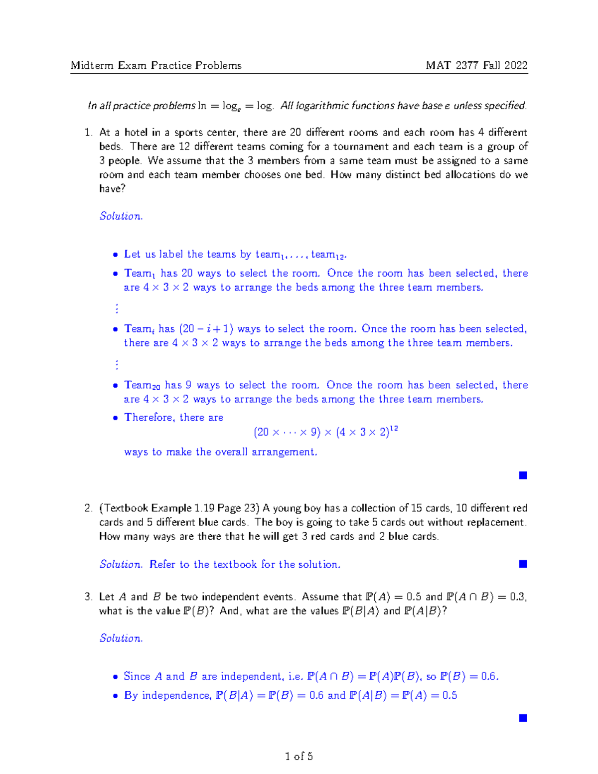 MAT2377 Midterm Practice Solutions - In all practice problemsln = log e ...