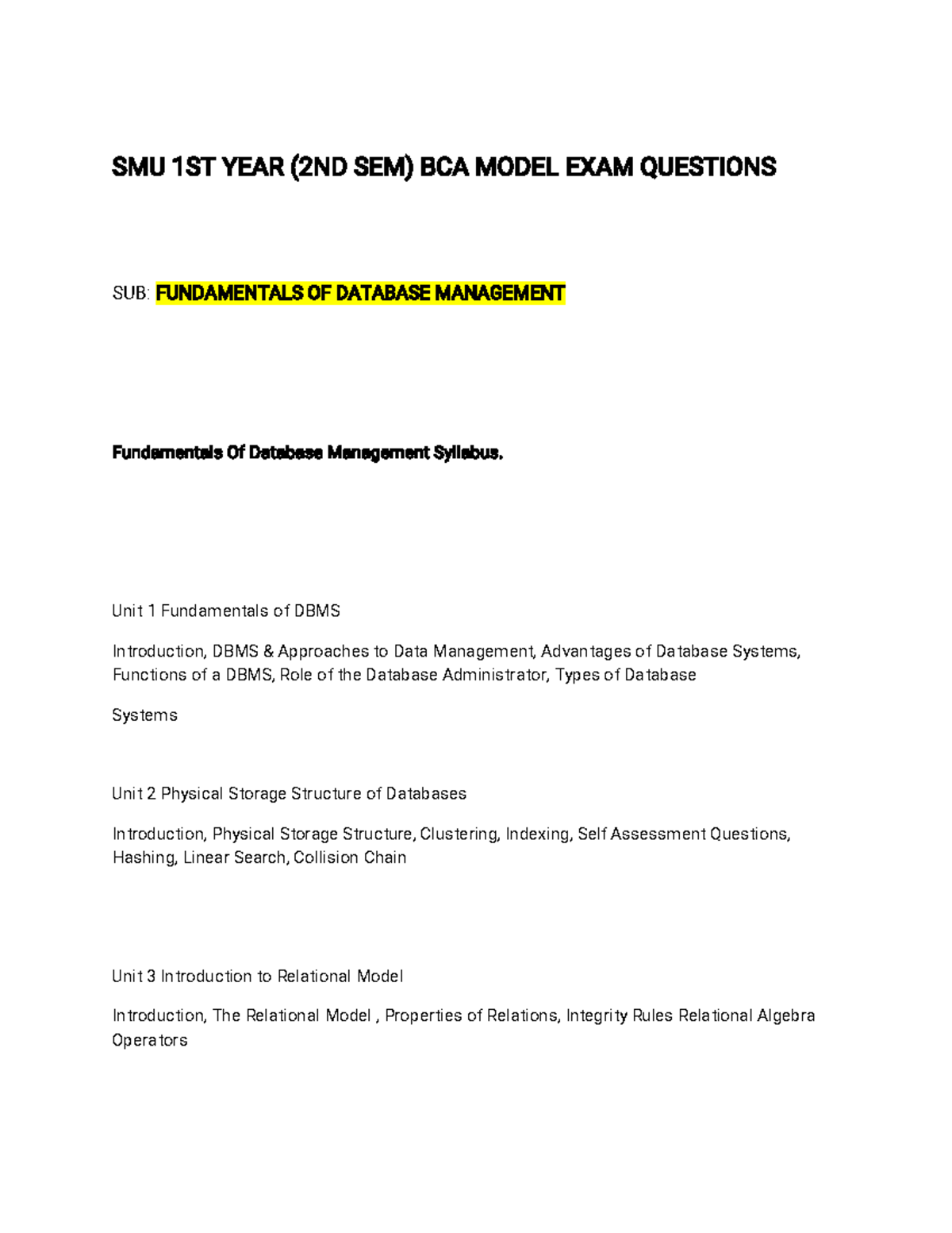 Fundamentals OF Database Management -1ST YEAR BCA-2ND SEM- SMU- Model EXAM QUES - SMU 1 STYEAR ...