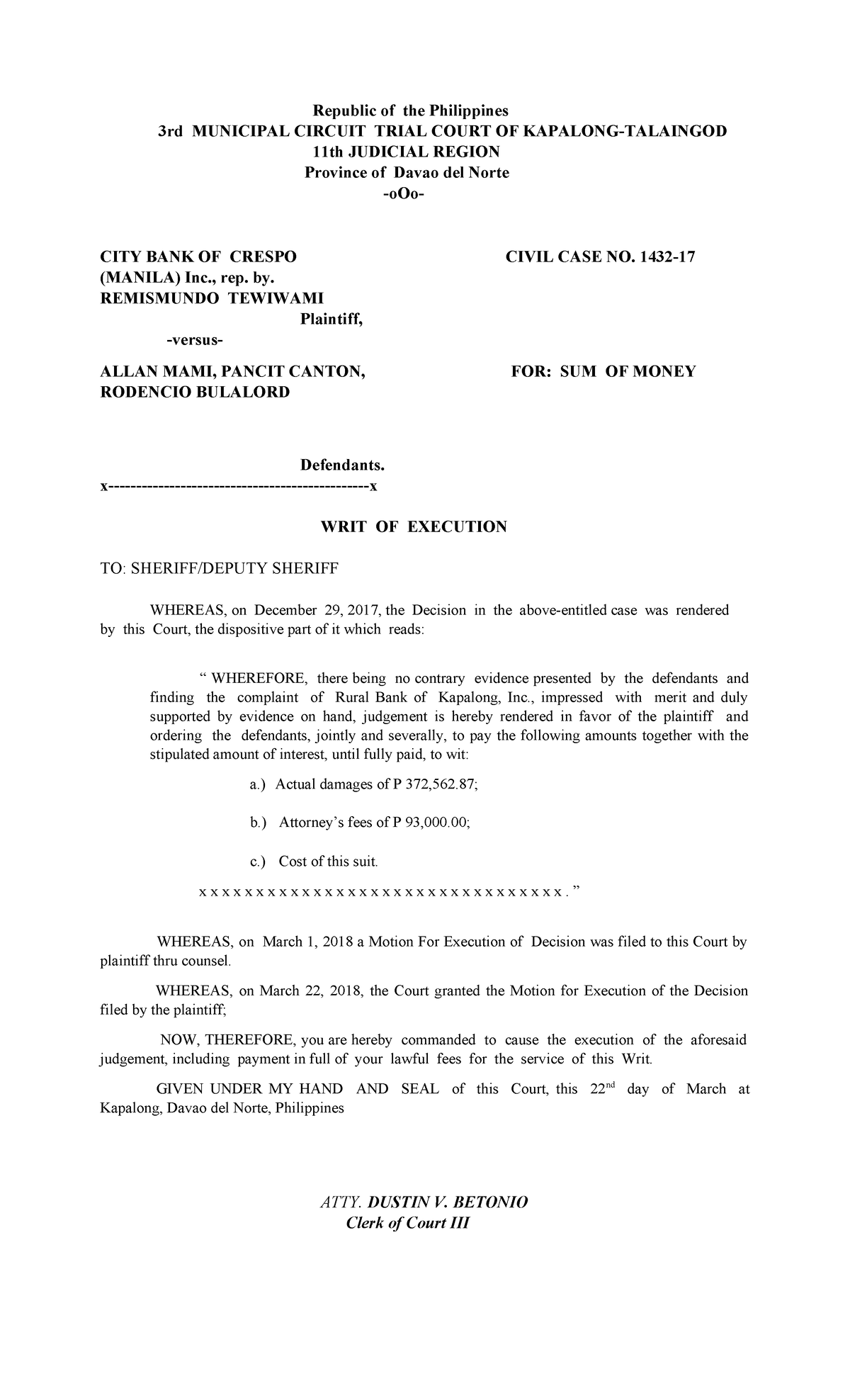 389810738 writ of execution sample docx - Republic of the Philippines ...