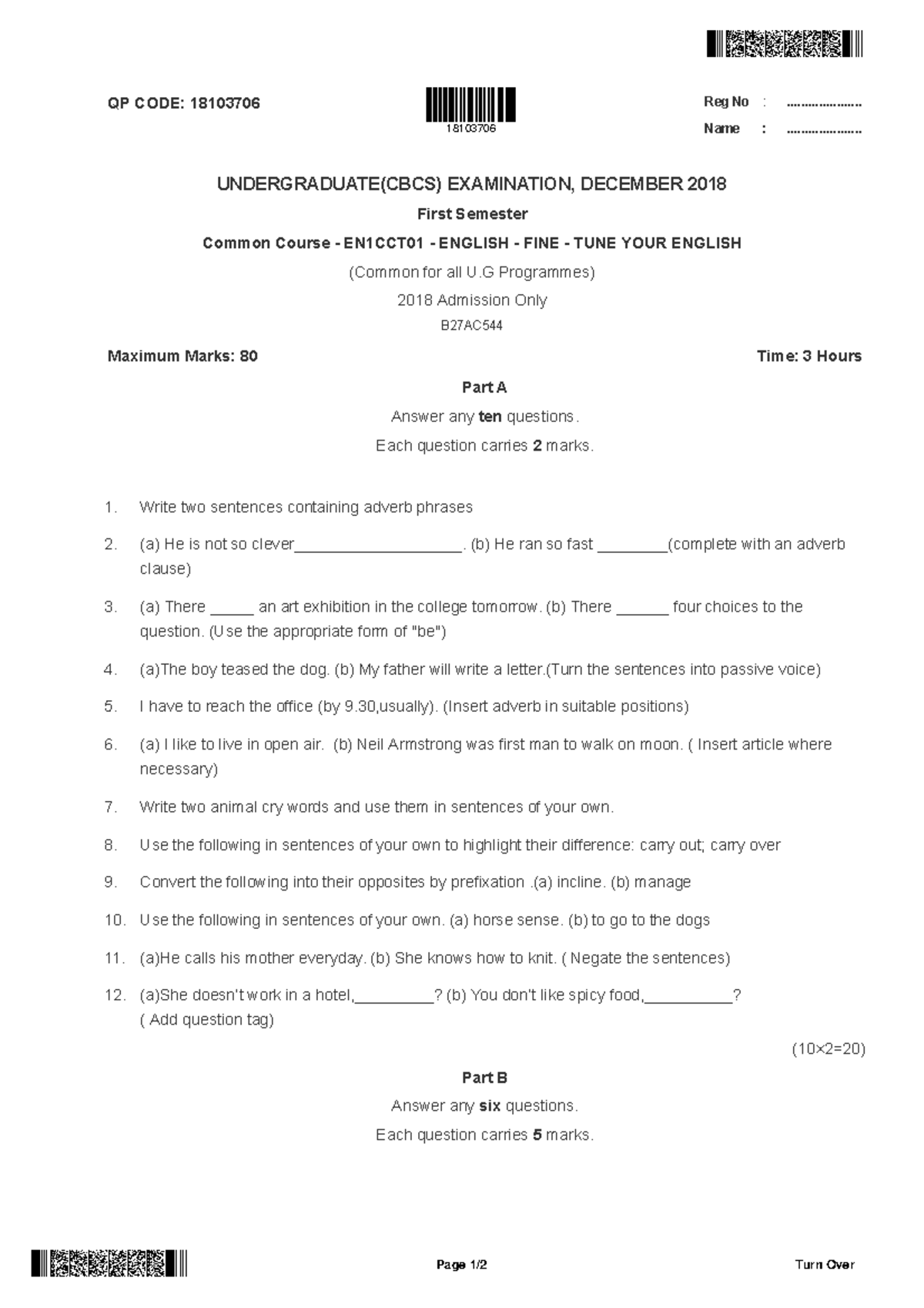 English - FINE - TUNE YOUR English - QP CODE: 18103706 Reg No ...