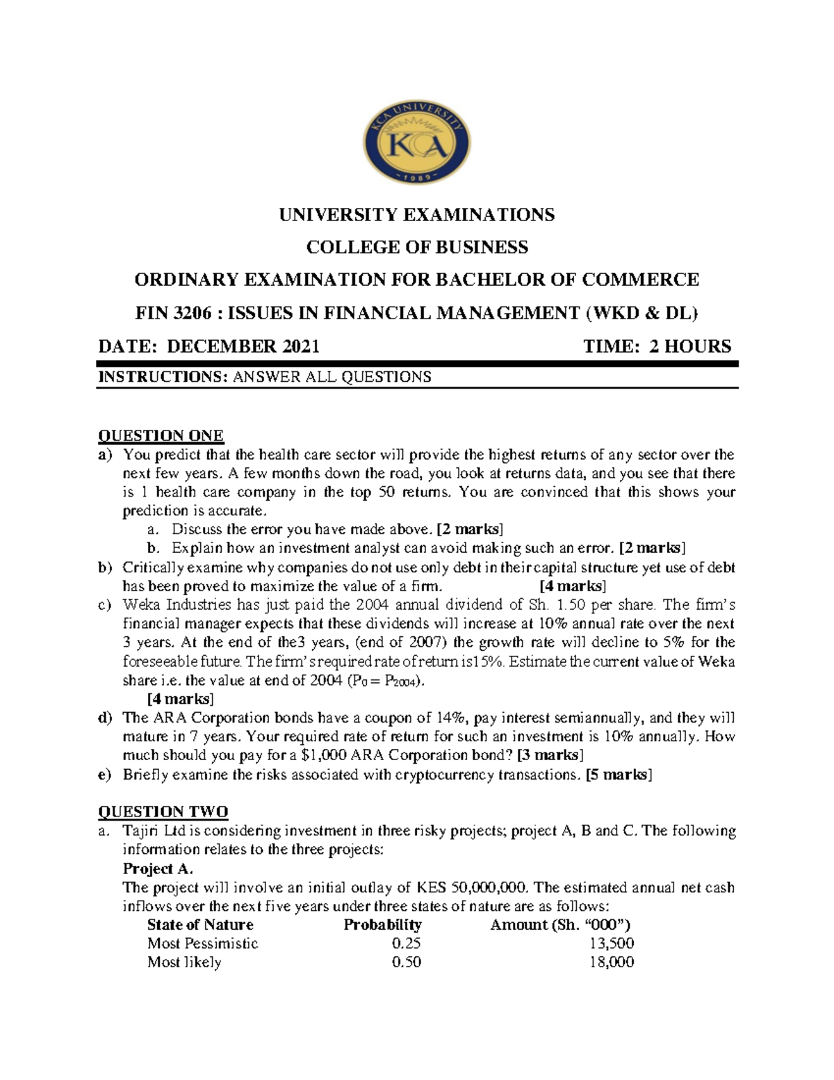 Past Paper 1 - UNIVERSITY EXAMINATIONS COLLEGE OF BUSINESS ORDINARY ...