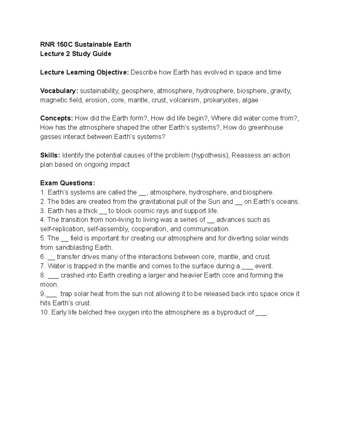 rnr lecture 2 study guide - RNR 150C Sustainable Earth Lecture 2 Study ...