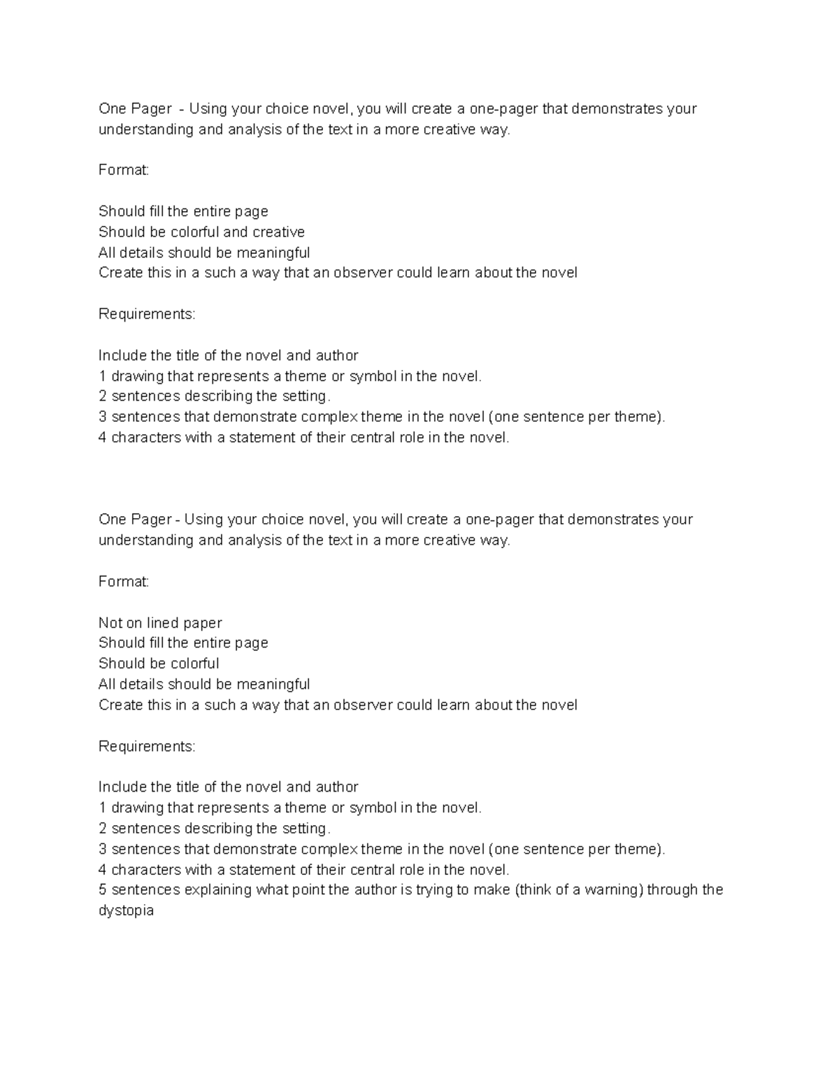 Novel One Pager Assessment - One Pager - Using your choice novel, you ...