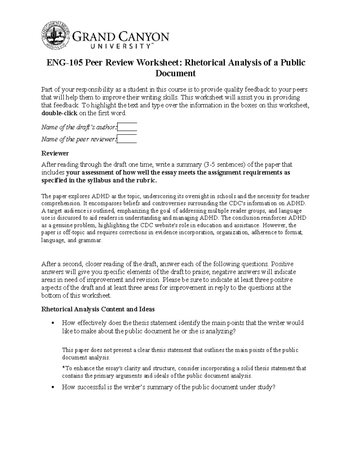 ENG-105-RS-Rhetorical Analysis Peer Review Worksheet- Final - ENG-105 ...