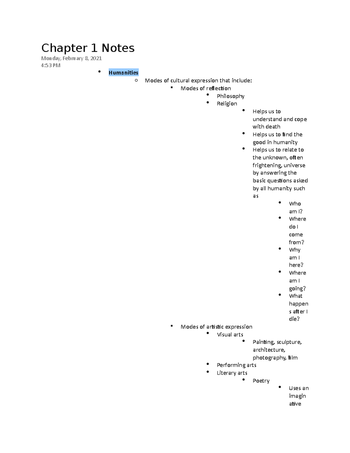 Humanities Notes All - Chapter 1 Notes Monday, February 8, 2021 4:53 PM ...