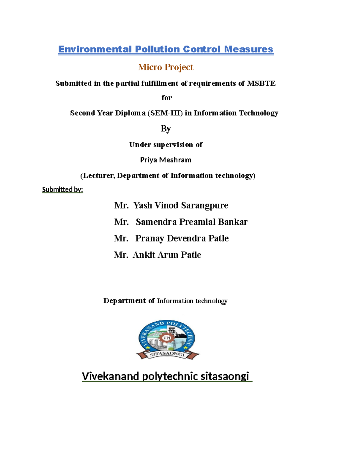 Dtm micro - ..... - Environmental Pollution Control Measures Micro Project Submitted in the ...