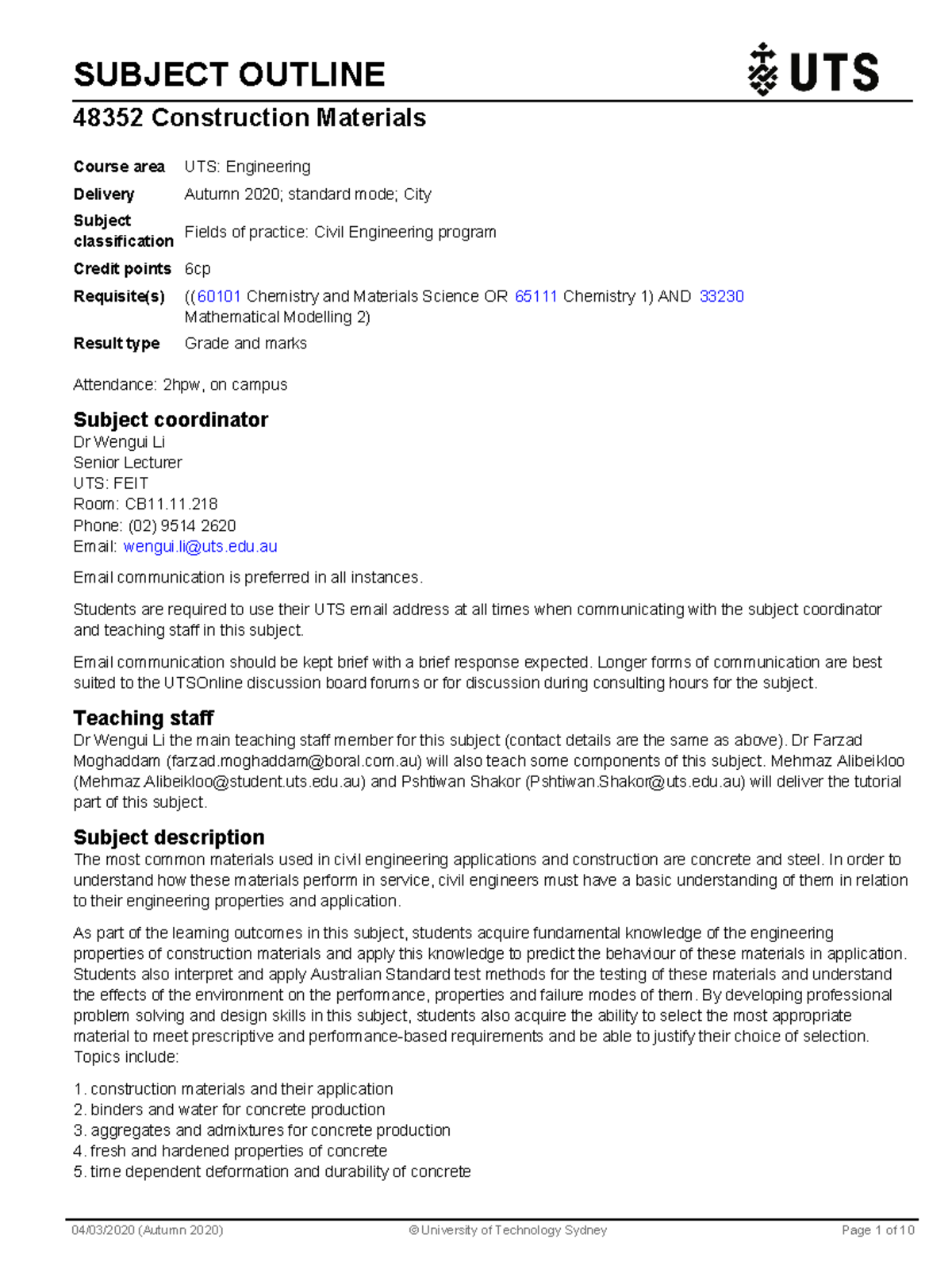 Construction Materials - Subject Outline - SUBJECT OUTLINE 48352 ...