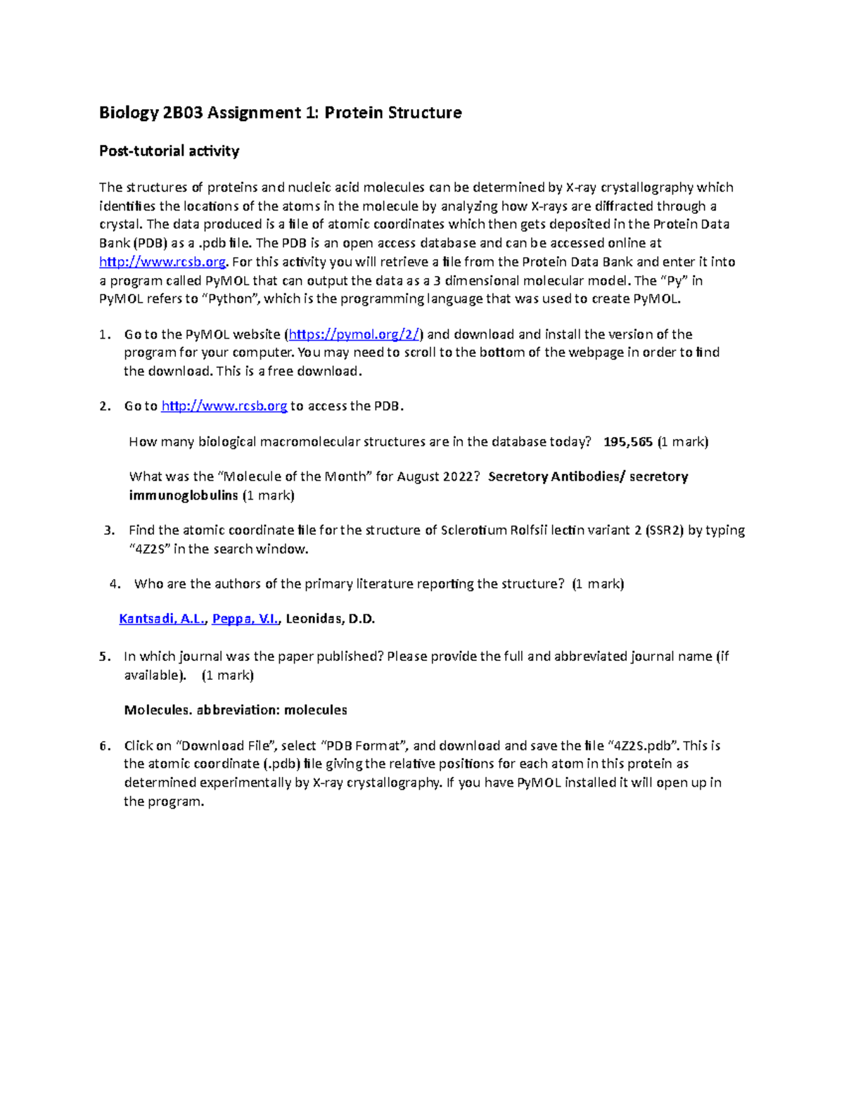 F22 Bio 2B03 Assignment 1 - Protein structure - Biology 2B03 Assignment ...