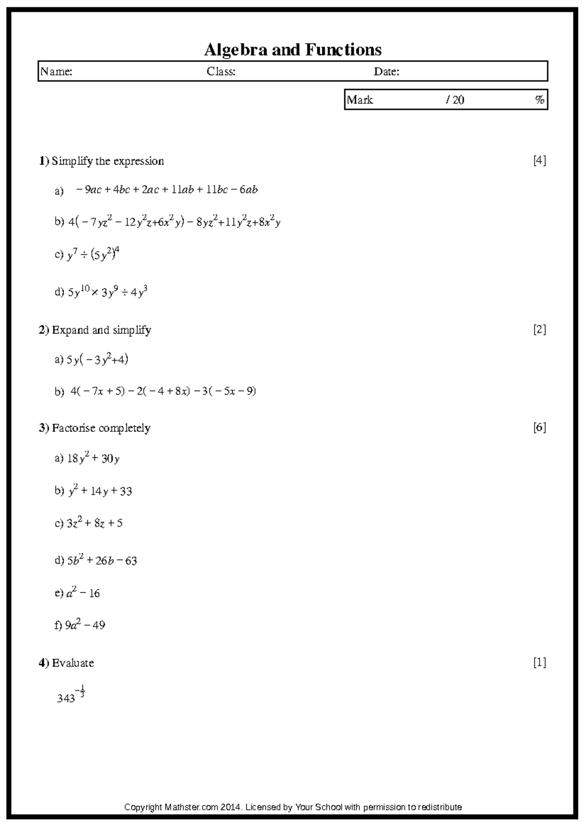 Algebra and Functions - advanced maths - Mark / 20 % Simplify the ...