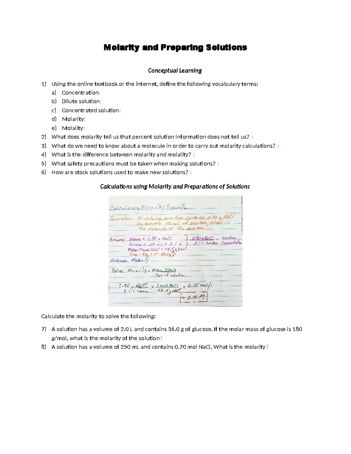 Molarity and Preparing Solutions - Molarity and Preparing Solutions ...