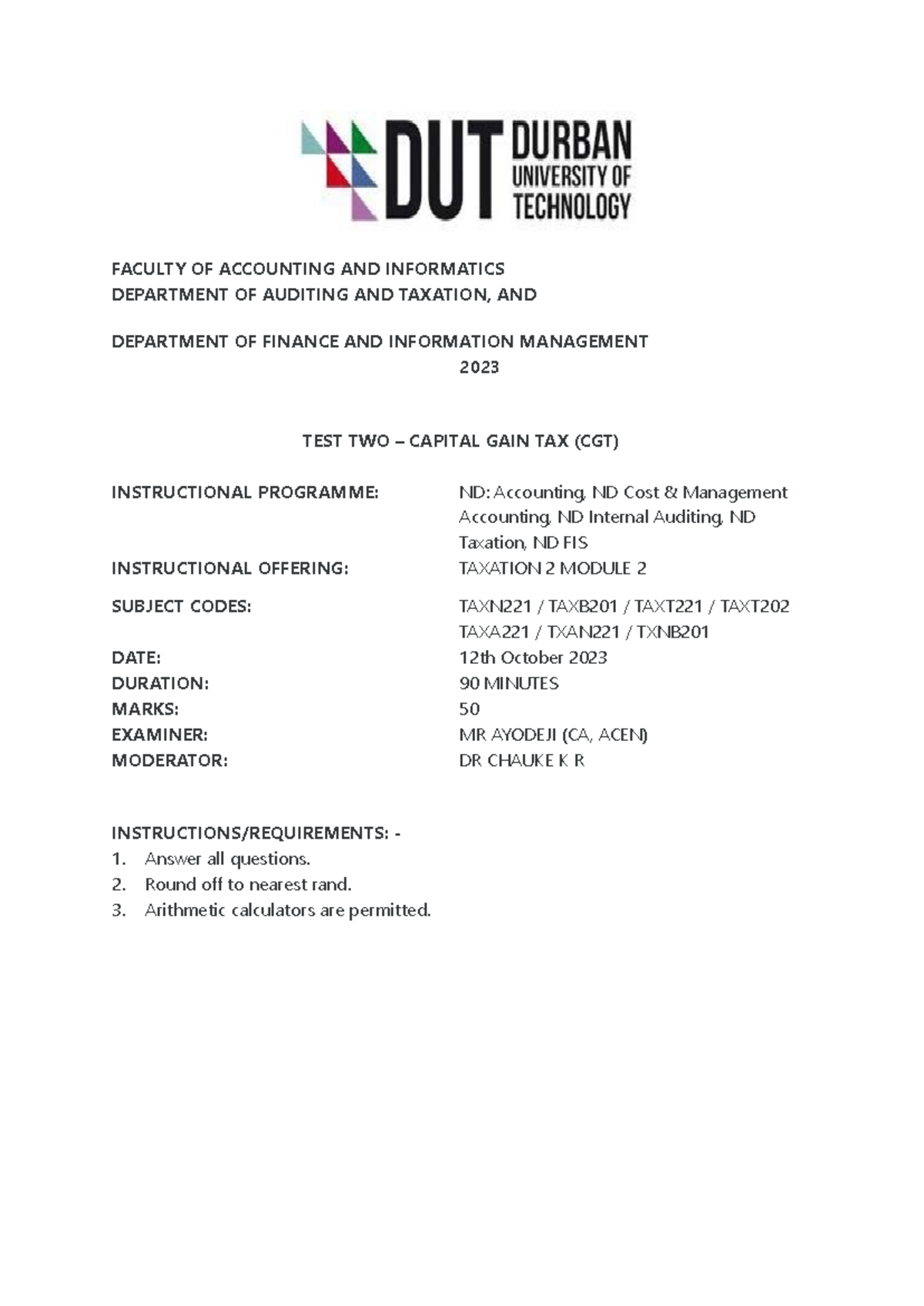 CGT 2023 Test 2 & Solution (Updated) - FACULTY OF ACCOUNTING AND ...