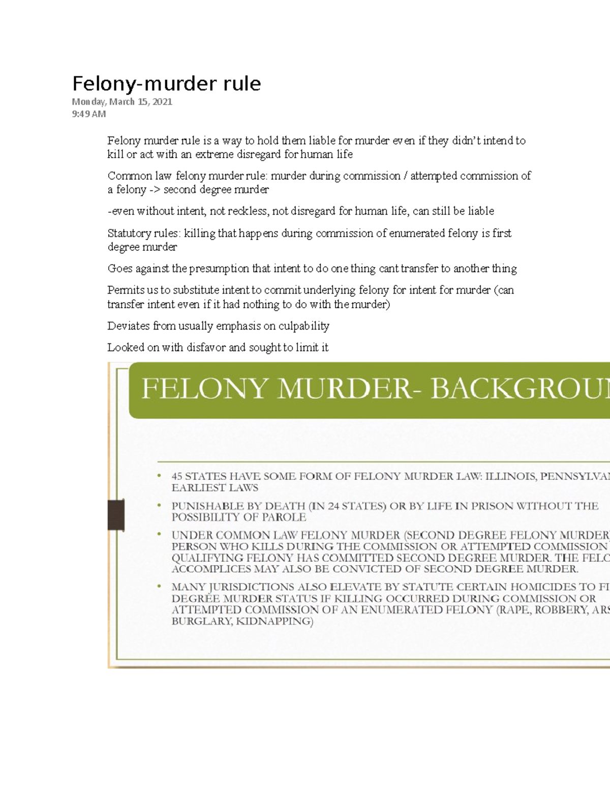 Felony-murder rule - 1L criminal law lecture notes on felony murder ...