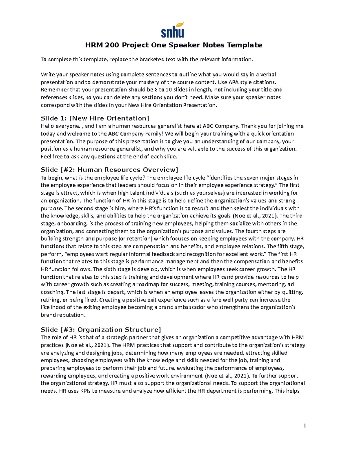 HRM 200 Project One Speaker Notes Template - Write your speaker notes ...