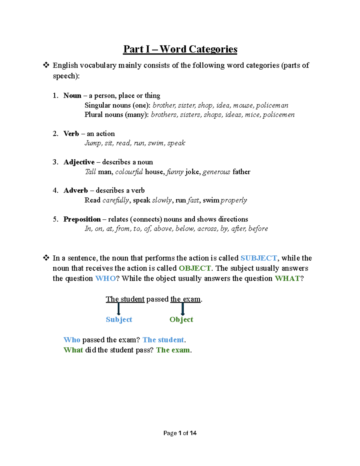 Sentence Writing Worksheet - Part I – Word Categories English ...