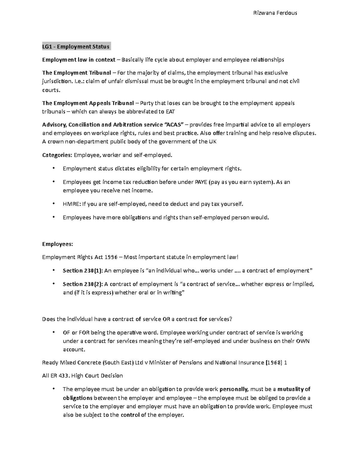 Employment Law Notes - LG1 - Employment Status Employment law in ...