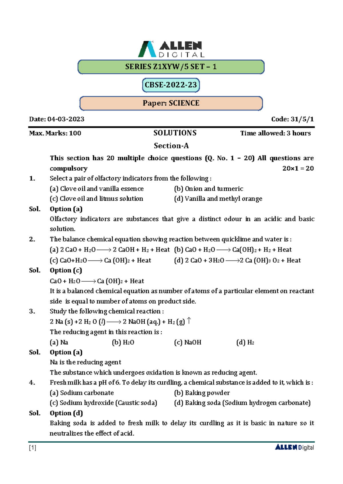 10 Science 31-5-1 Paper Set-1 - [ 1 ] Digital Date: 04 - 03 - 2023 Code ...