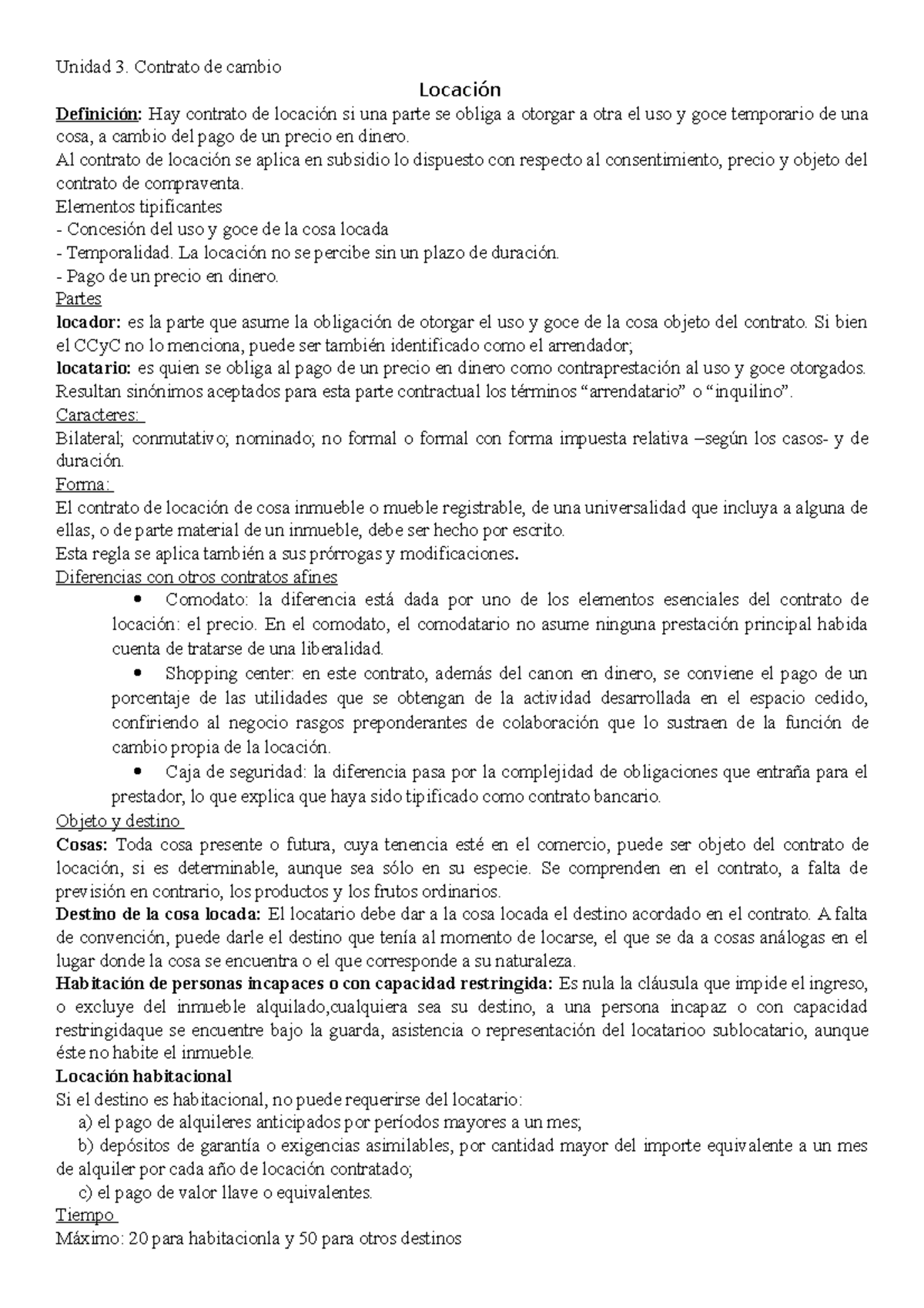 Unidad 1 - Unidad 3. Contrato de cambio Locación Definición: Hay ...