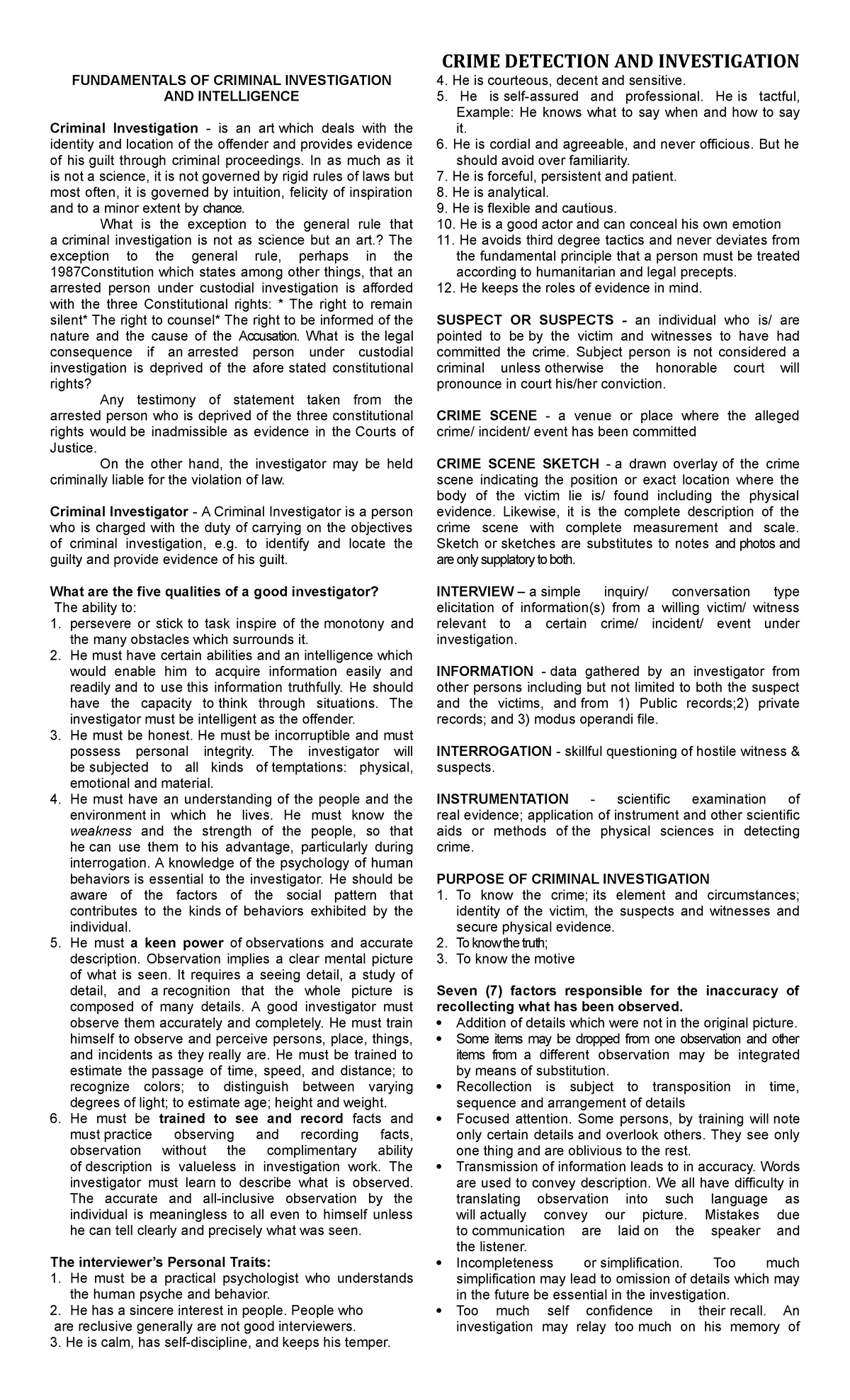 Cdi notes - information - FUNDAMENTALS OF CRIMINAL INVESTIGATION AND ...