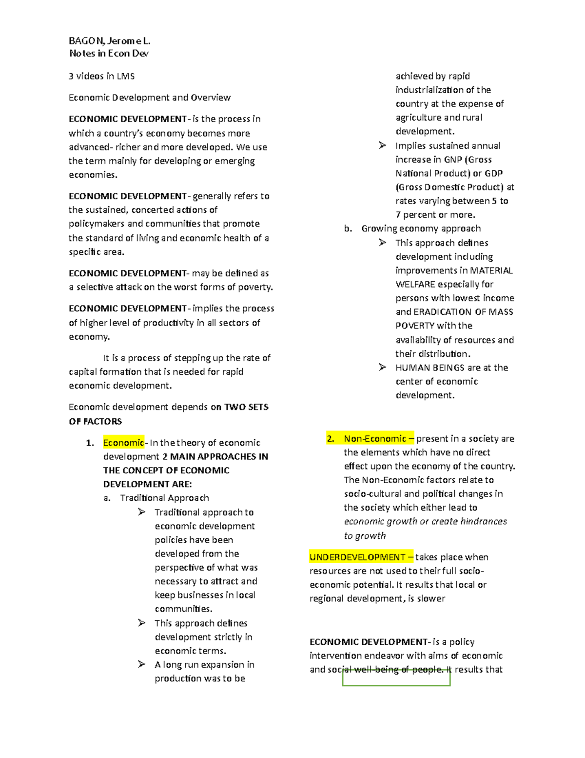 Notes #1 Economic development and Overview - BAGON, Jerome L. Notes in ...