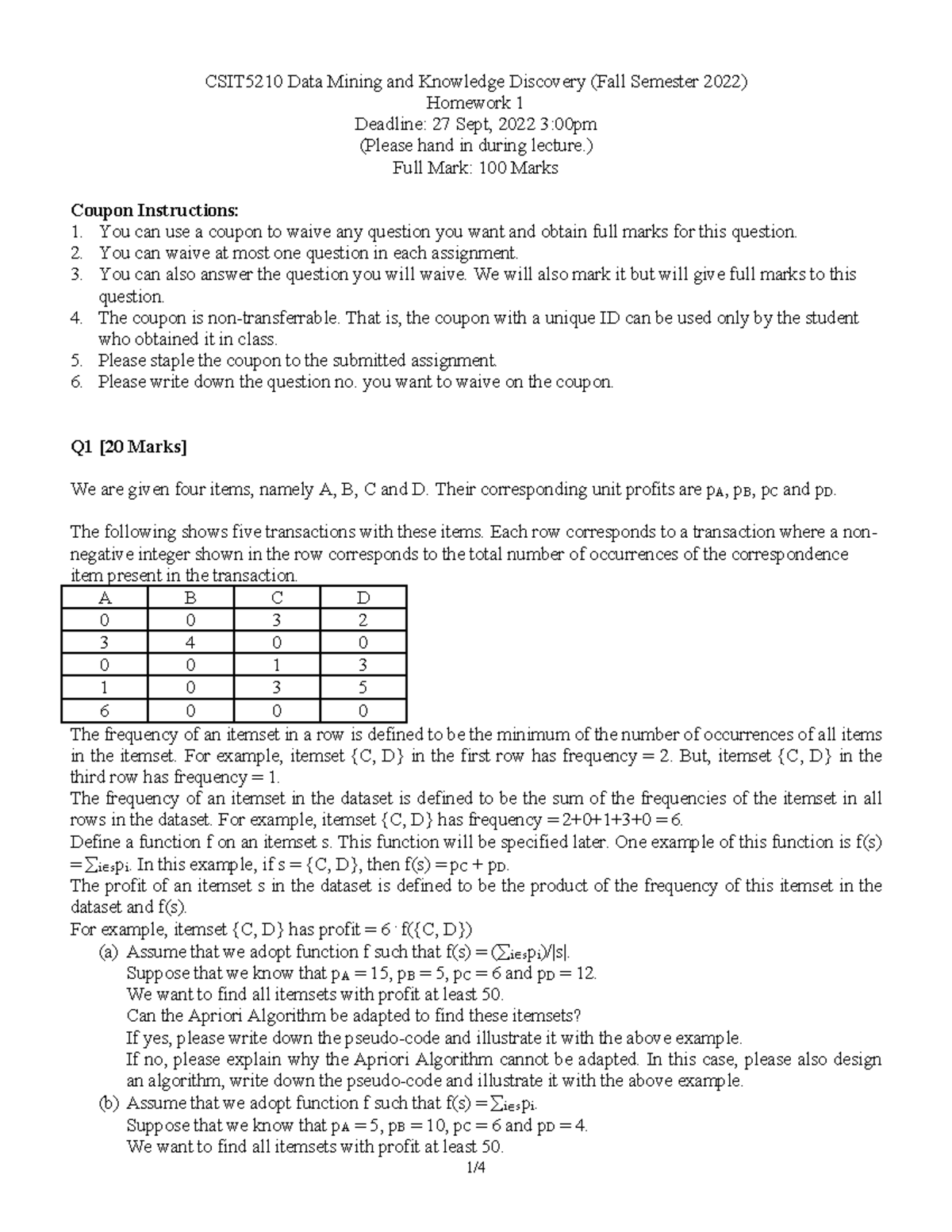 Hw1 - hw hw homework - CSIT5210 Data Mining and Knowledge Discovery (Fall Semester 2022 ...