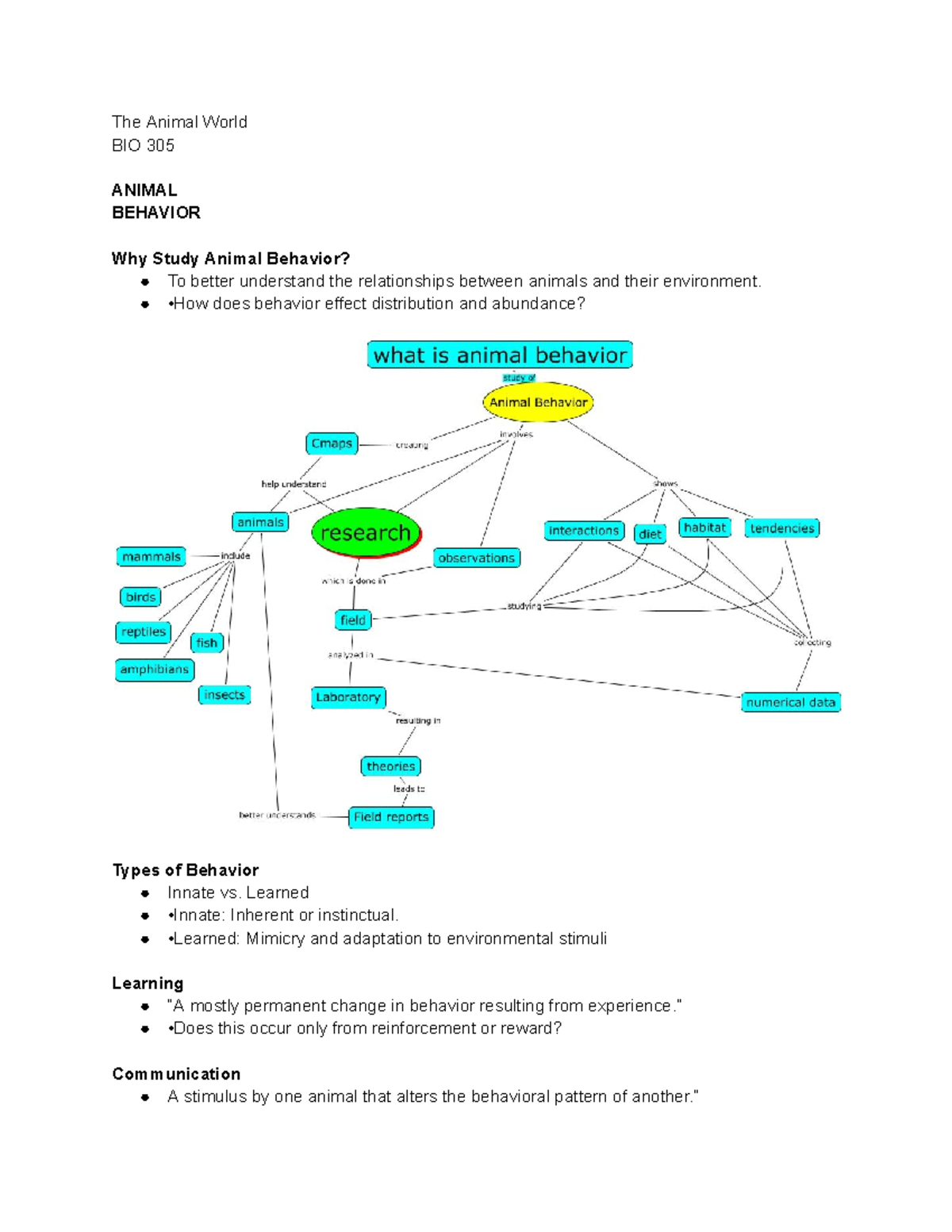 Animal 3 - Lecture notes - The Animal World BIO 305 ANIMAL BEHAVIOR Why ...