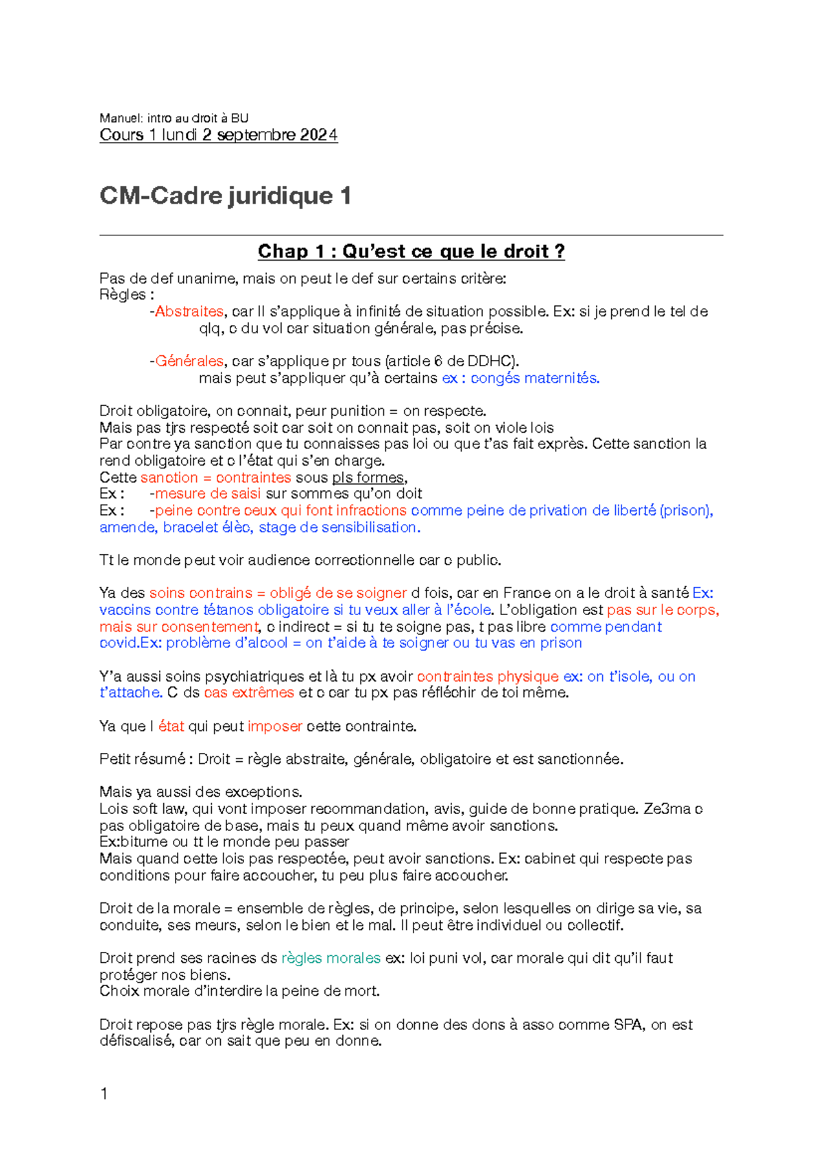 Chap 1 - Cours - Manuel: intro au droit à BU Cours 1 lundi 2 septembre ...