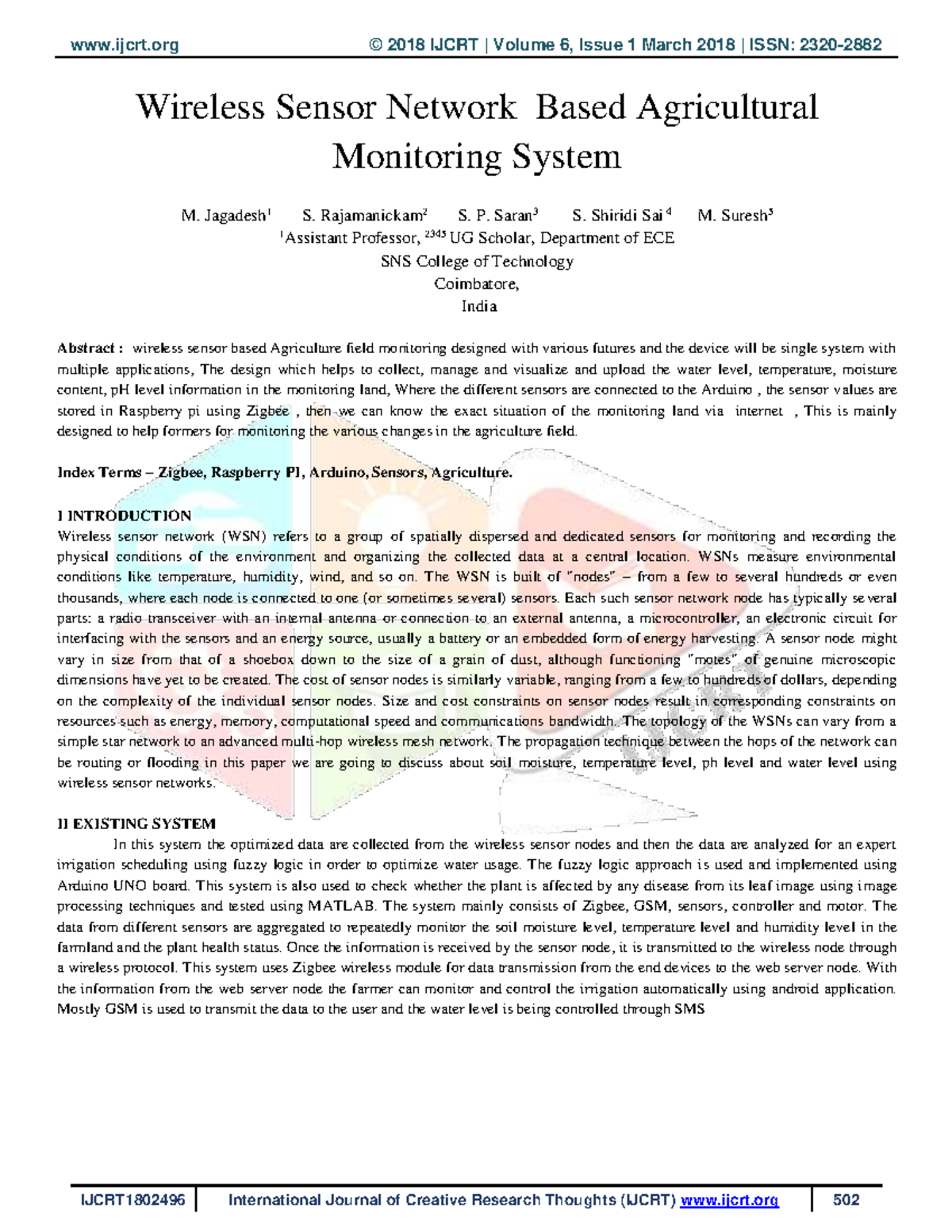 Ijcrt 1802496 - sdsdgzsgfdhshtr - Wireless Sensor Network Based Agricultural Monitoring System M ...