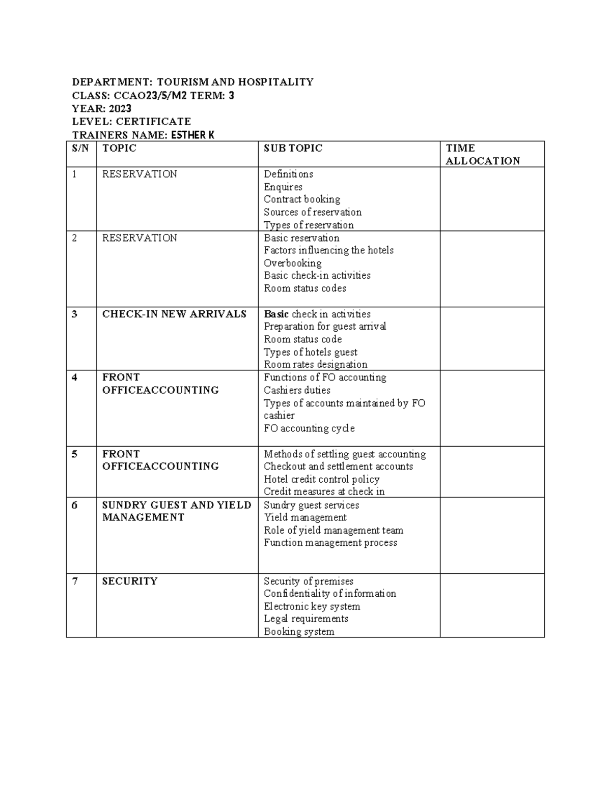 Course Outline CCAO23 bb - DEPARTMENT: TOURISM AND HOSPITALITY CLASS ...